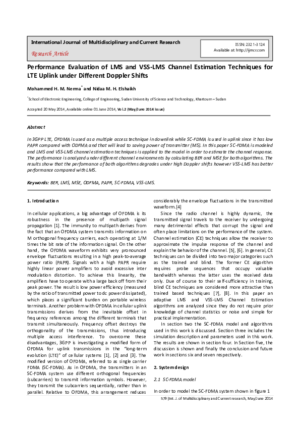 (PDF) Performance Evaluation of LMS and VSS-LMS Channel Estimation Techniques for LTE Uplink ...