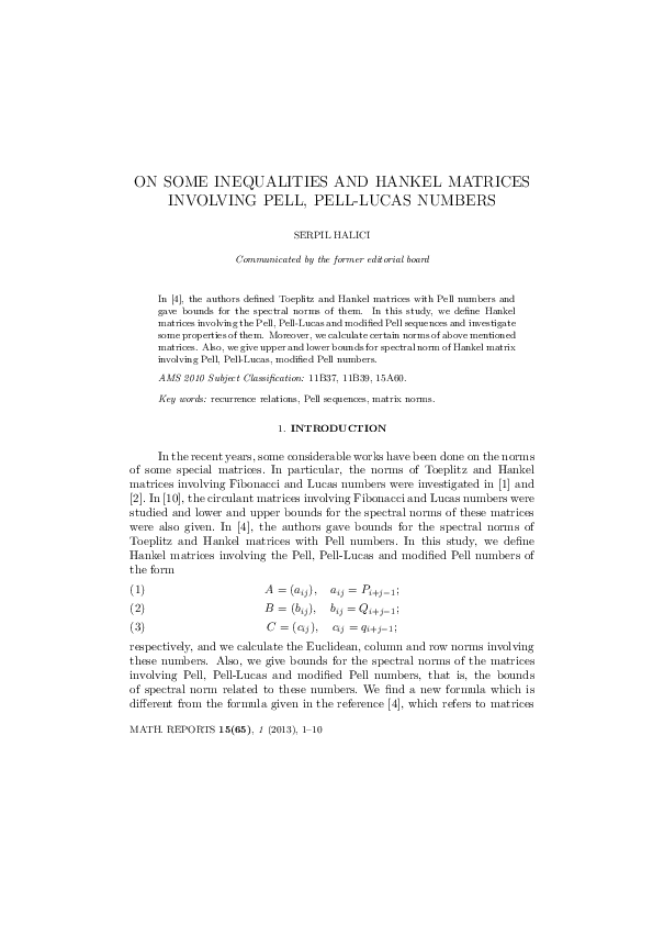 (PDF) On Some Inequalities and Hankel Matrices Involving Pell, Pell ...