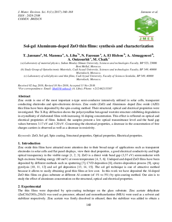 (PDF) Sol-gel Aluminum-doped ZnO thin films : synthesis and characterization