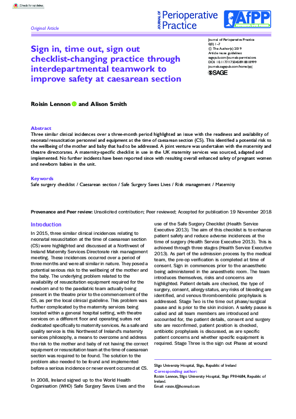 (PDF) Sign in, time out, sign out checklist-changing practice through ...
