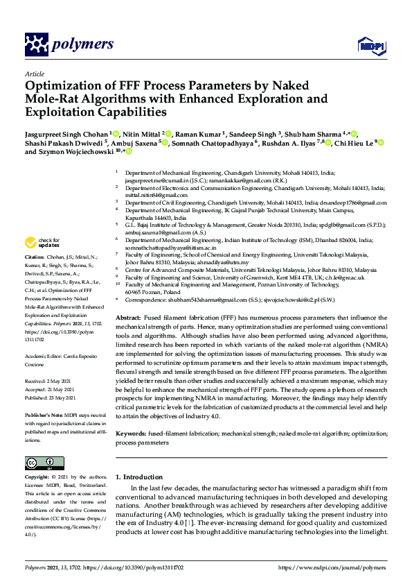 Pdf Optimization Of Fff Process Parameters By Naked Mole Rat Algorithms With Enhanced