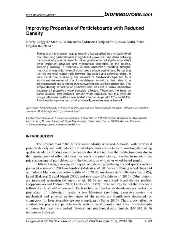 (PDF) Improving Properties of Particleboards with Reduced Density