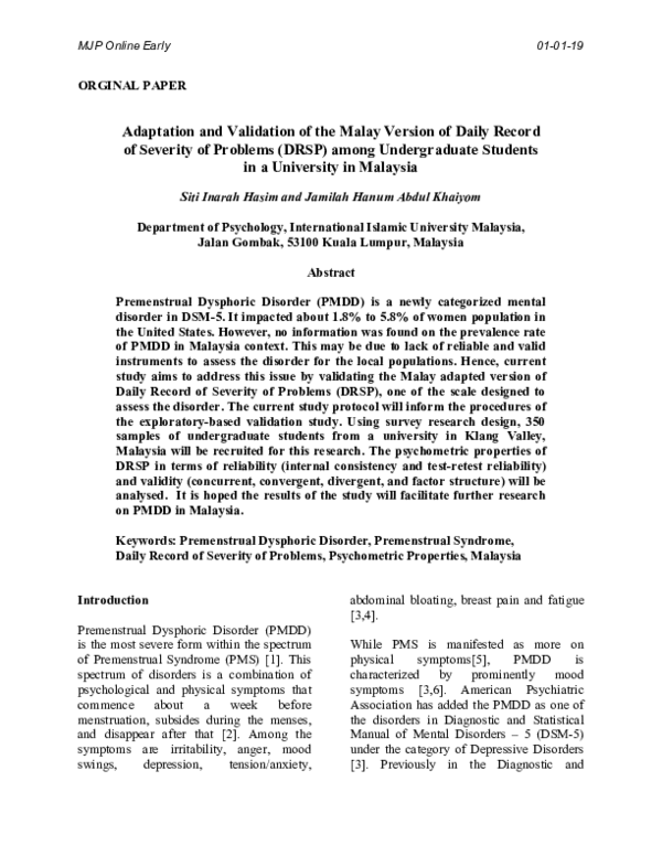 (PDF) Adaptation and Validation of the Malay Version of Daily Record of ...