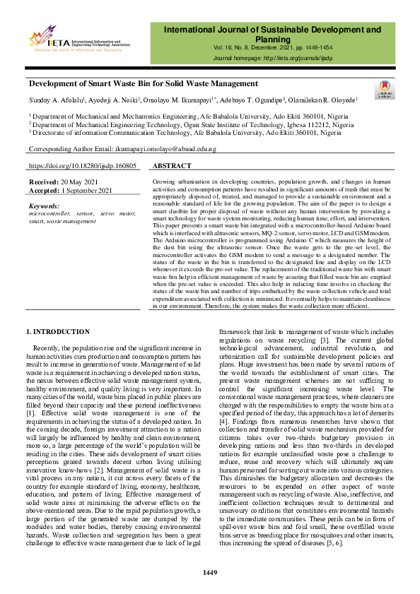 (PDF) Development of Smart Waste Bin for Solid Waste Management