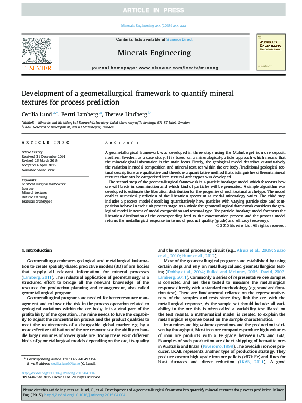 (PDF) Development of a geometallurgical framework to quantify mineral ...