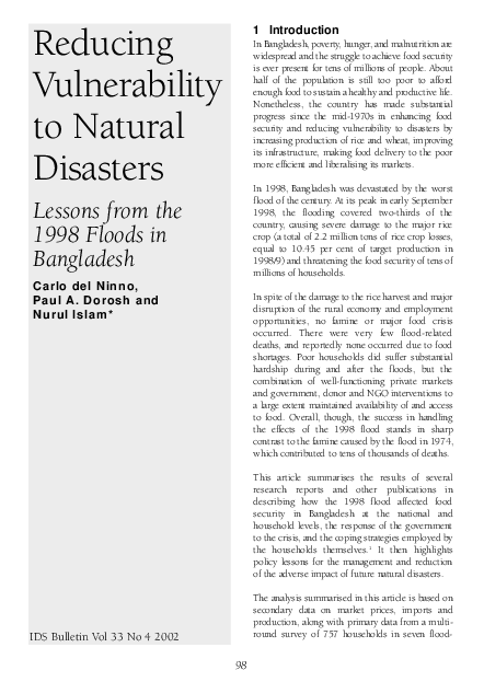 (PDF) Reducing Vulnerability to Natural Disasters