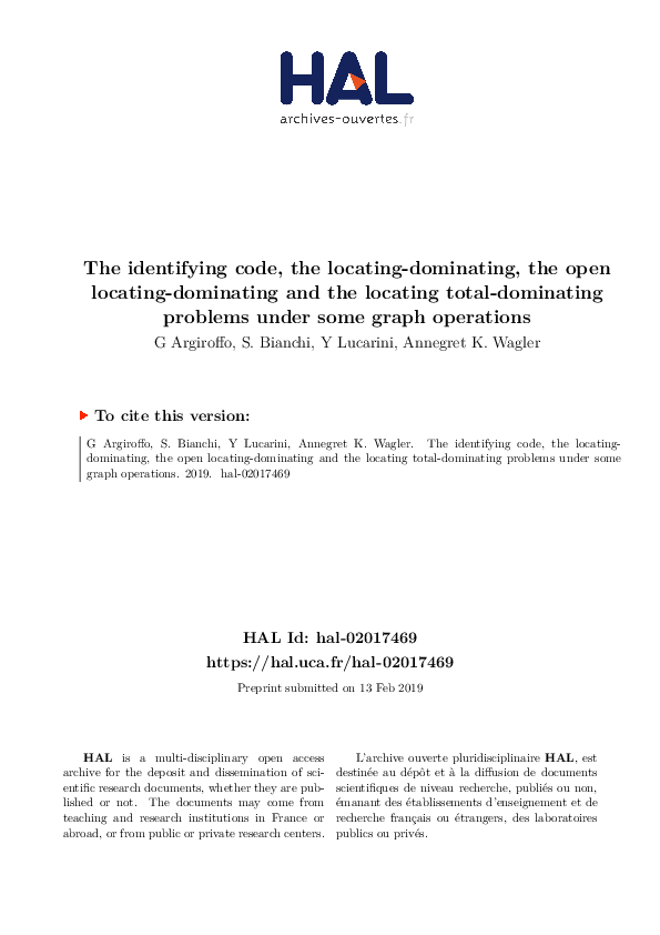 (PDF) The Identifying Code, the Locating-dominating, the Open Locating-dominating and the ...