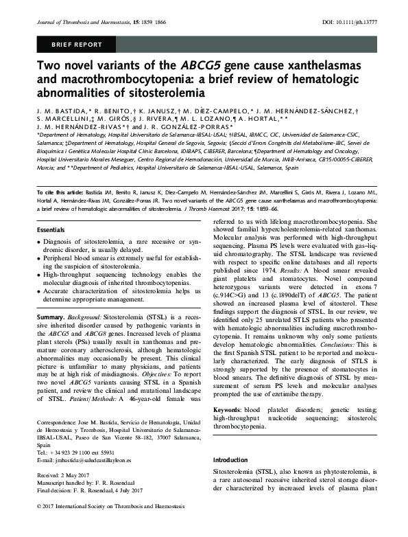 (PDF) Two novel variants of the ABCG5 gene cause xanthelasmas and ...