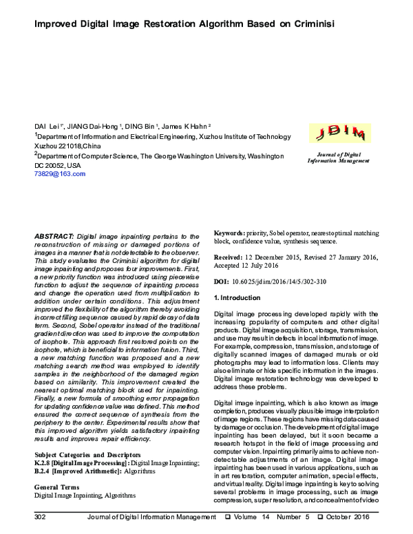 (PDF) Improved Digital Image Restoration Algorithm Based on Criminisi | James Hahn - Academia.edu