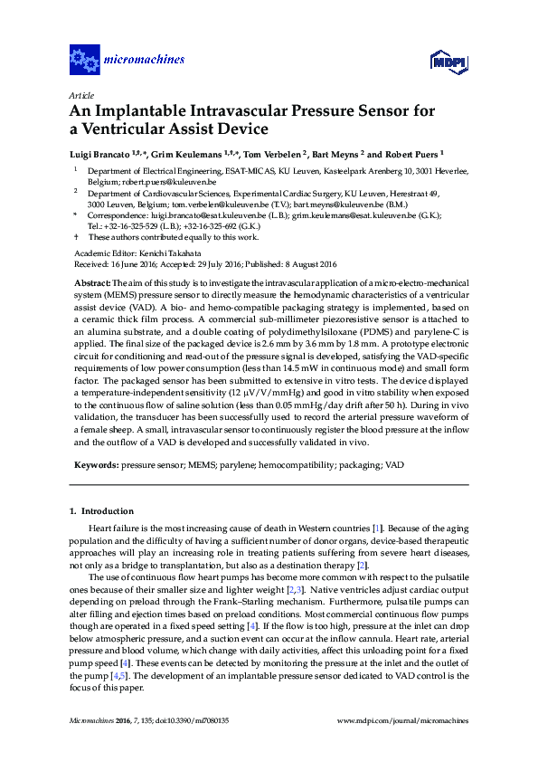 (PDF) An Implantable Intravascular Pressure Sensor for a Ventricular ...