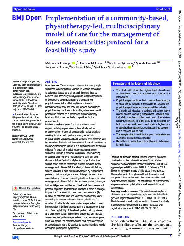 (PDF) Implementation of a community-based, physiotherapy-led, multidisciplinary model of care ...