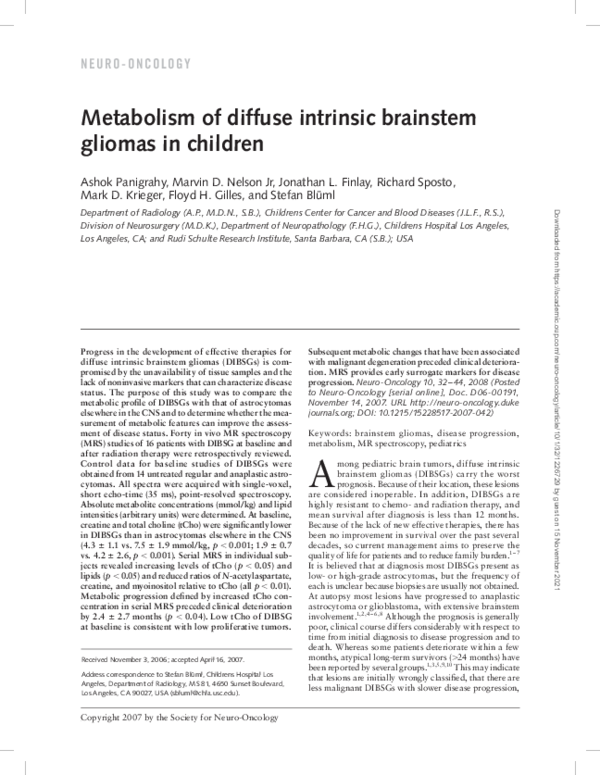 (PDF) Metabolism of diffuse intrinsic brainstem gliomas in children ...