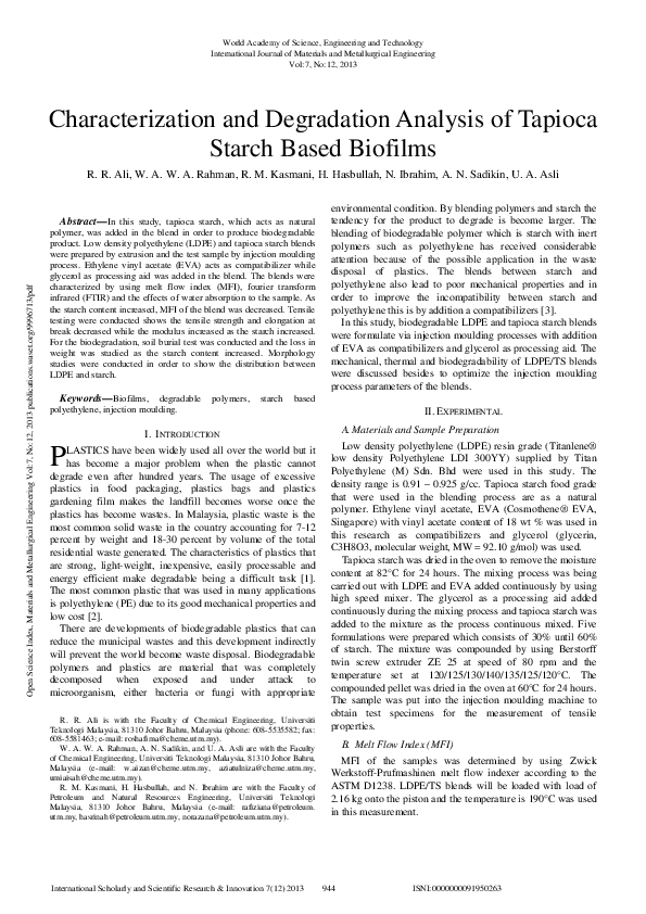 (PDF) Characterization And Degradation Analysis Of Tapioca Starch Based ...