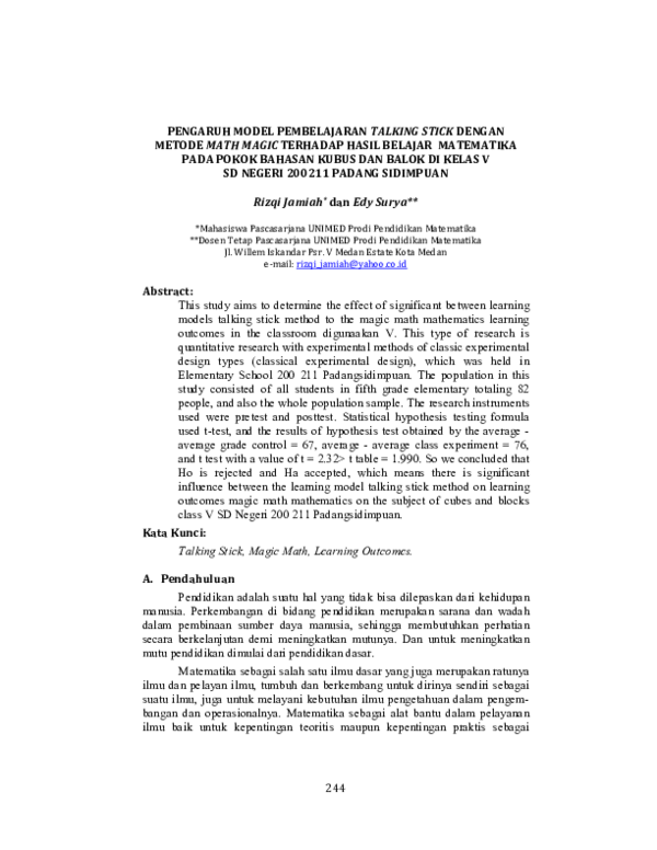 (PDF) Pengaruh Model Pembelajaran Talking Stick Dengan Metode Math Magic Terhadap Hasil Belajar ...