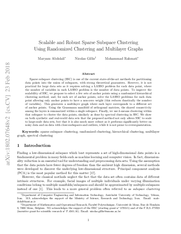 (PDF) Scalable and Robust Sparse Subspace Clustering Using Randomized Clustering and Multilayer ...