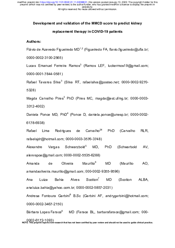 (PDF) Development and validation of the MMCD score to predict kidney ...