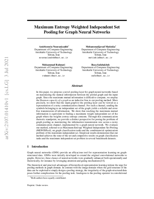 (PDF) Maximum Entropy Weighted Independent Set Pooling for Graph Neural Networks