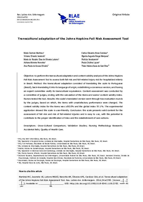 (PDF) Transcultural adaptation of the Johns Hopkins Fall Risk ...