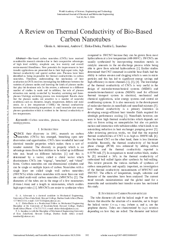 (PDF) A Review On Thermal Conductivity Of Bio-Based Carbon Nanotubes | Andrew Eloka-Eboka ...