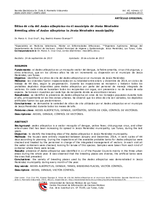 (PDF) Sitios de cría del Aedes albopictus en el municipio de Jesús Menéndez