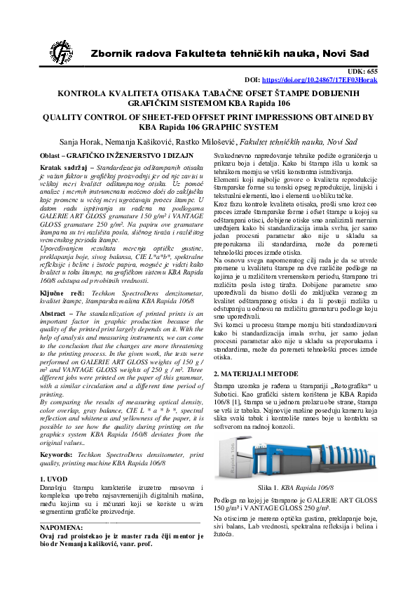 (PDF) KONTROLA KVALITETA OTISAKA TABAČNE OFSET ŠTAMPE DOBIJENIH GRAFIČKIM SISTEMOM KBA Rapida 106