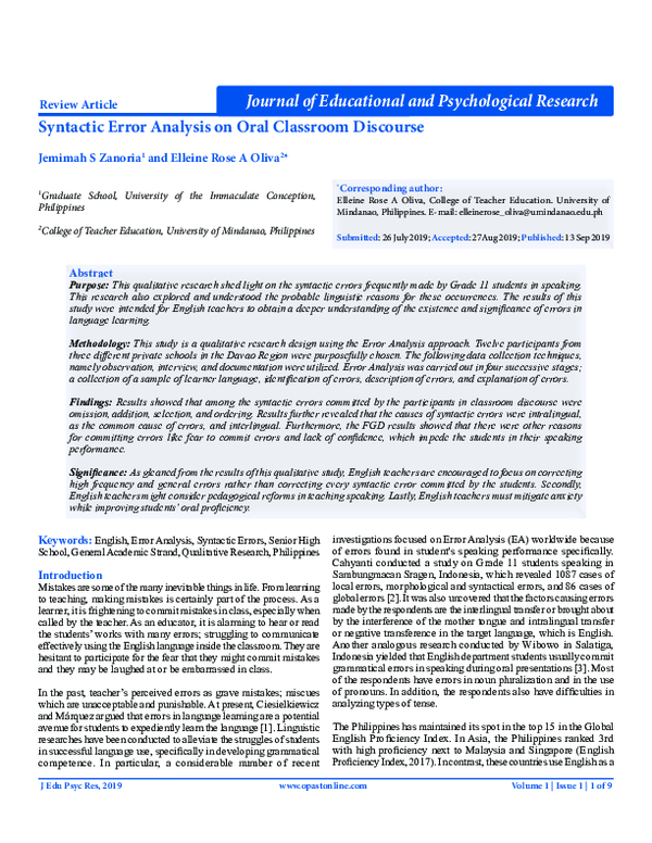 Pdf Syntactic Error Analysis On Oral Classroom Discourse