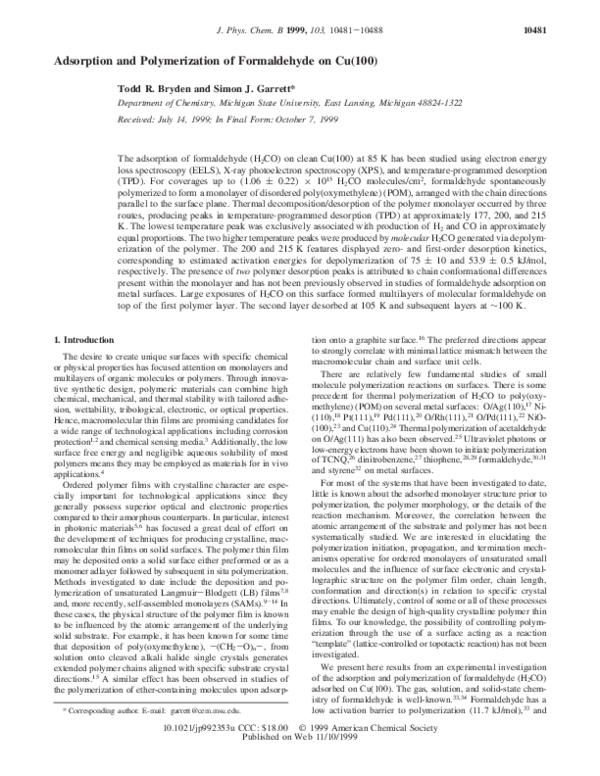 (PDF) Adsorption and Polymerization of Formaldehyde on Cu(100)