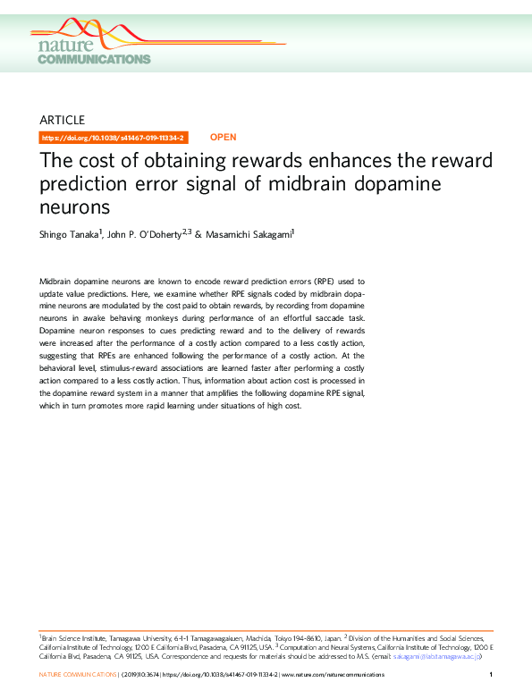(PDF) The cost of obtaining rewards enhances the reward prediction ...