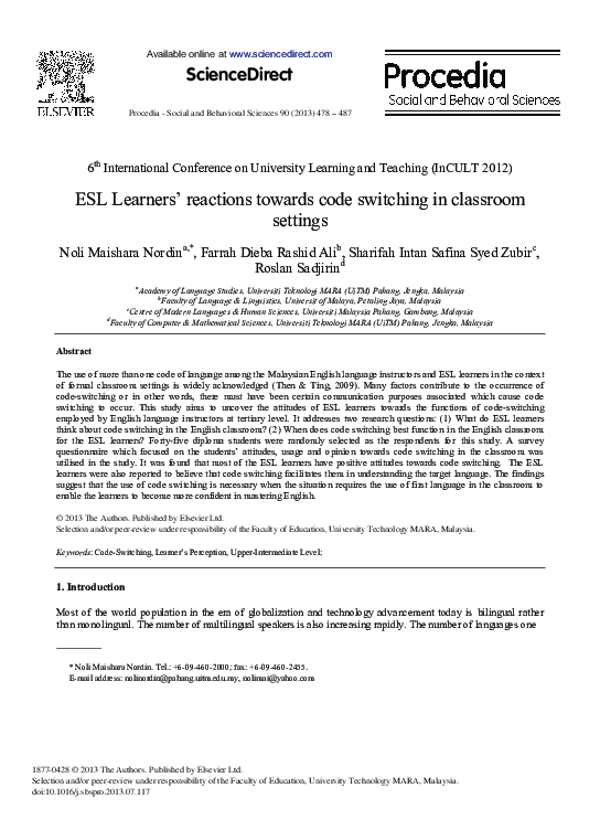 (PDF) ESL Learners Reactions Towards Code Switching in Classroom Settings