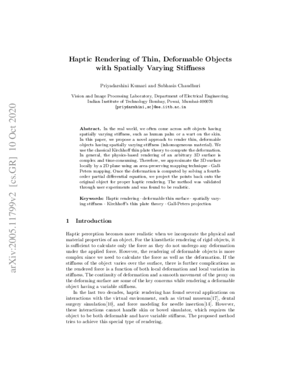 Pdf Haptic Rendering Of Thin Deformable Objects With Spatially Varying Stiffness 0173