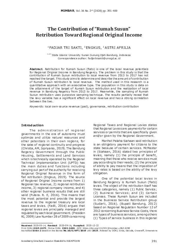 (PDF) The Contribution of “Rumah Susun” Retribution Toward Regional ...