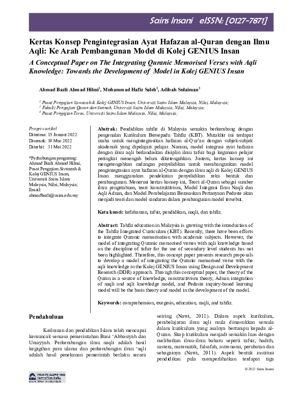 (PDF) Kertas Konsep Pengintegrasian Ayat Hafazan al-Quran dengan Ilmu ...