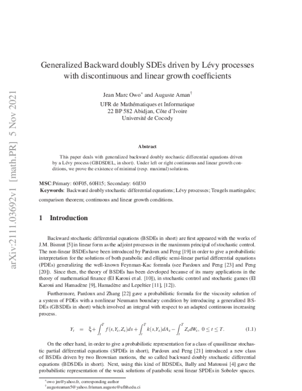 (PDF) Generalized Backward doubly SDEs driven by Lévy processes with discontinuous and linear ...