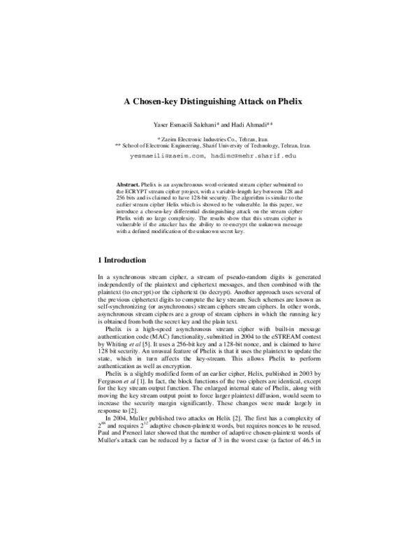 (PDF) A Chosen-key Distinguishing Attack on Phelix