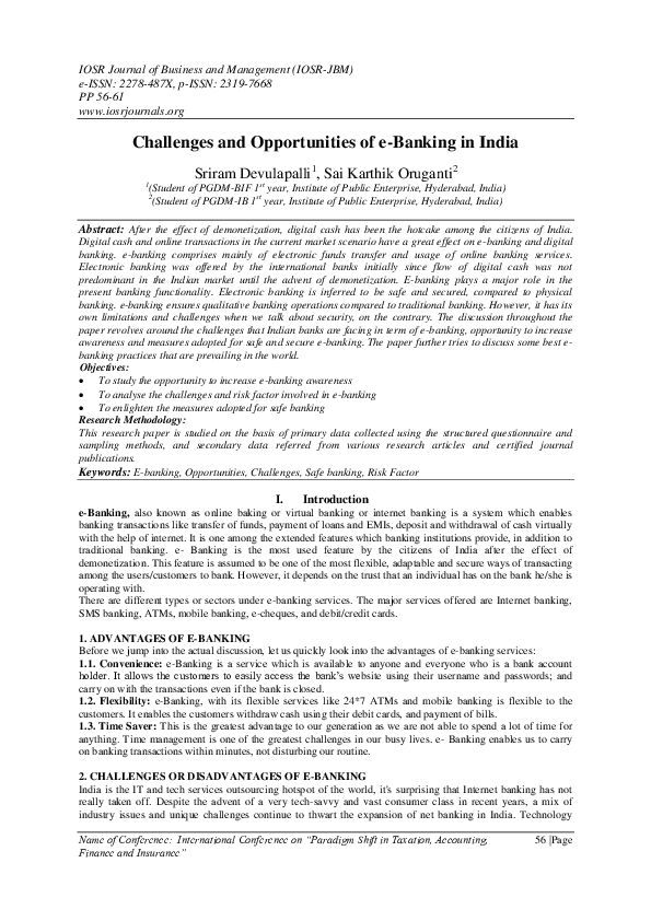 (PDF) Challenges and Opportunities of e-Banking in India