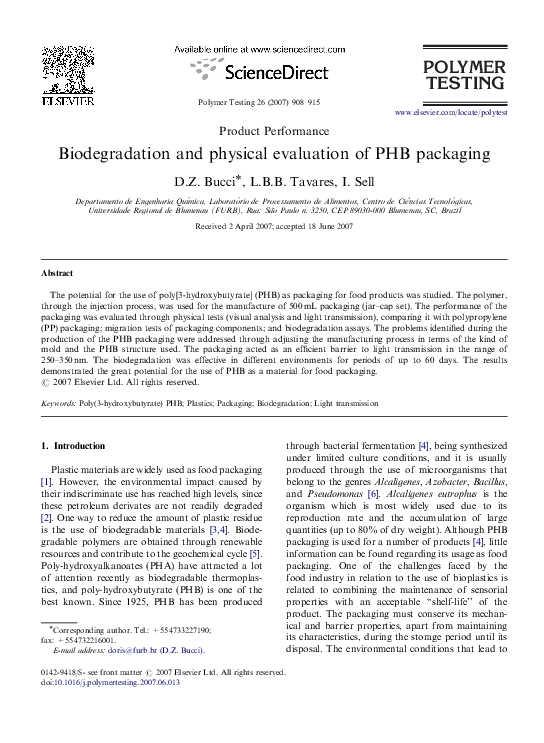 (PDF) Biodegradation and physical evaluation of PHB packaging