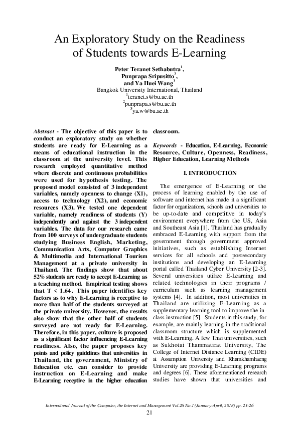 (PDF) An Exploratory Study on the Readiness of Students towards E-Learning