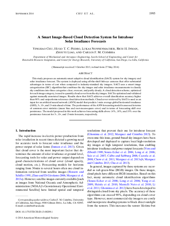 Pdf A Smart Image Based Cloud Detection System For Intrahour Solar Irradiance Forecasts