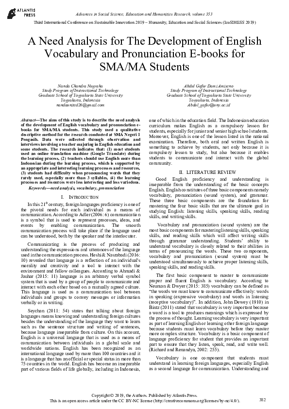 (PDF) A Need Analysis for The Development of English Vocabulary and ...