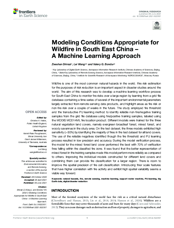 (PDF) Modeling Conditions Appropriate for Wildfire in South East China – A Machine Learning ...