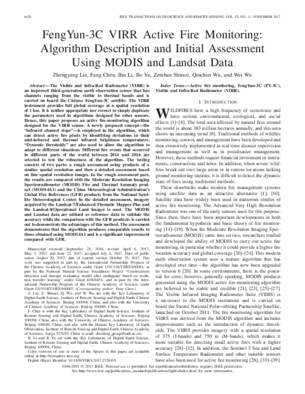 Pdf Fengyun 3c Virr Active Fire Monitoring Algorithm Description And