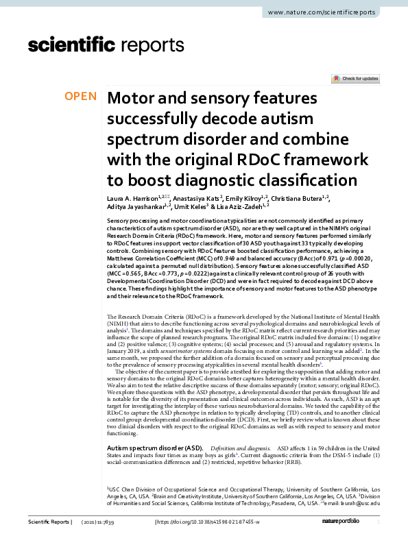 (PDF) Motor and sensory features successfully decode autism spectrum disorder and combine with ...