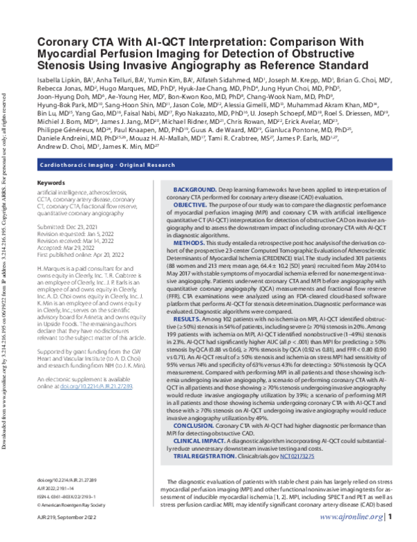 (PDF) Coronary CTA With AI-QCT Interpretation: Comparison With ...