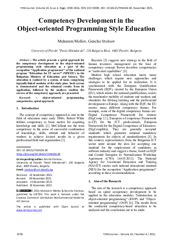 (PDF) Competency Development in the Object-oriented Programming Style Education