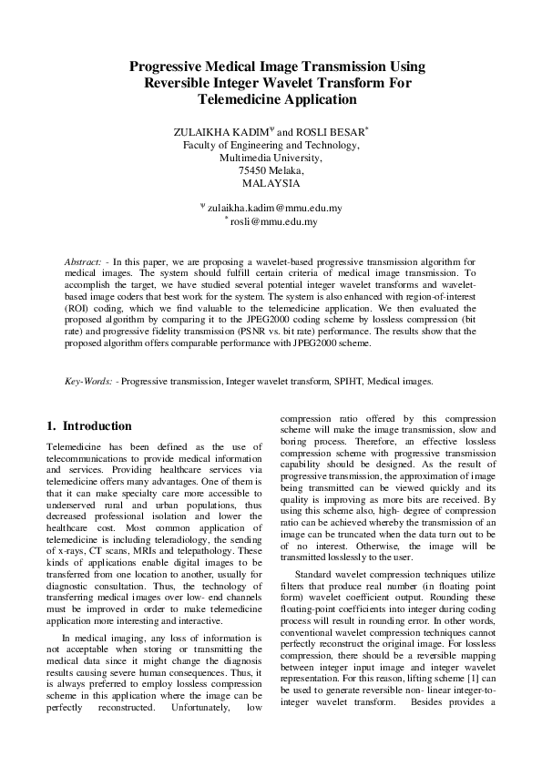 (PDF) Progressive medical image transmission using reversible integer wavelet transform for ...
