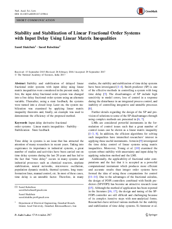 (PDF) Stability and Stabilization of Linear Fractional Order Systems with Input Delay Using ...