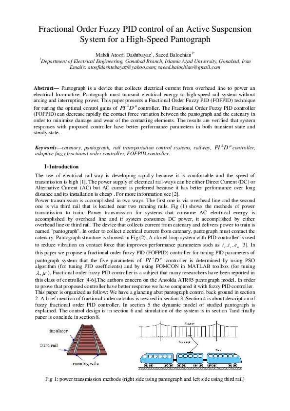 (PDF) Fractional Order Fuzzy PID control of an Active Suspension System for a High-Speed Pantograph