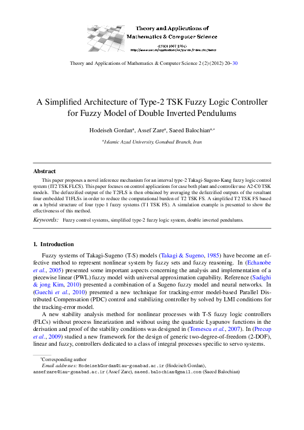 Pdf A Simplified Architecture Of Type 2 Tsk Fuzzy Logic Controller For Fuzzy Model Of Double