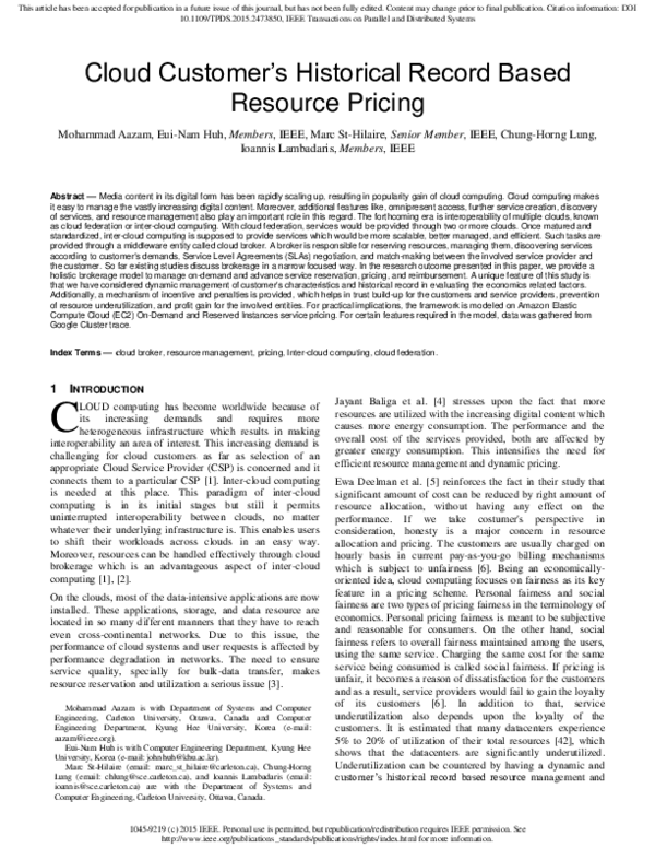 (PDF) Cloud Customer's Historical Record Based Resource Pricing