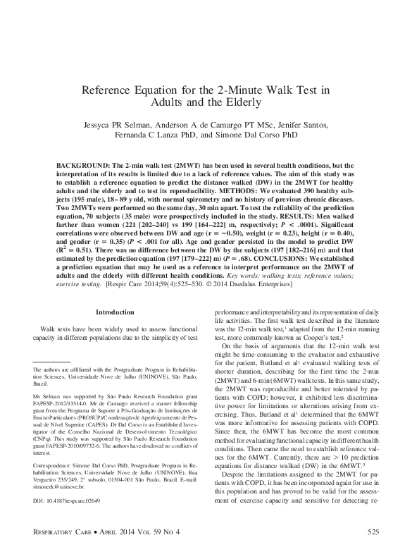 (PDF) Reference Equation for the 2-Minute Walk Test in Adults and the ...
